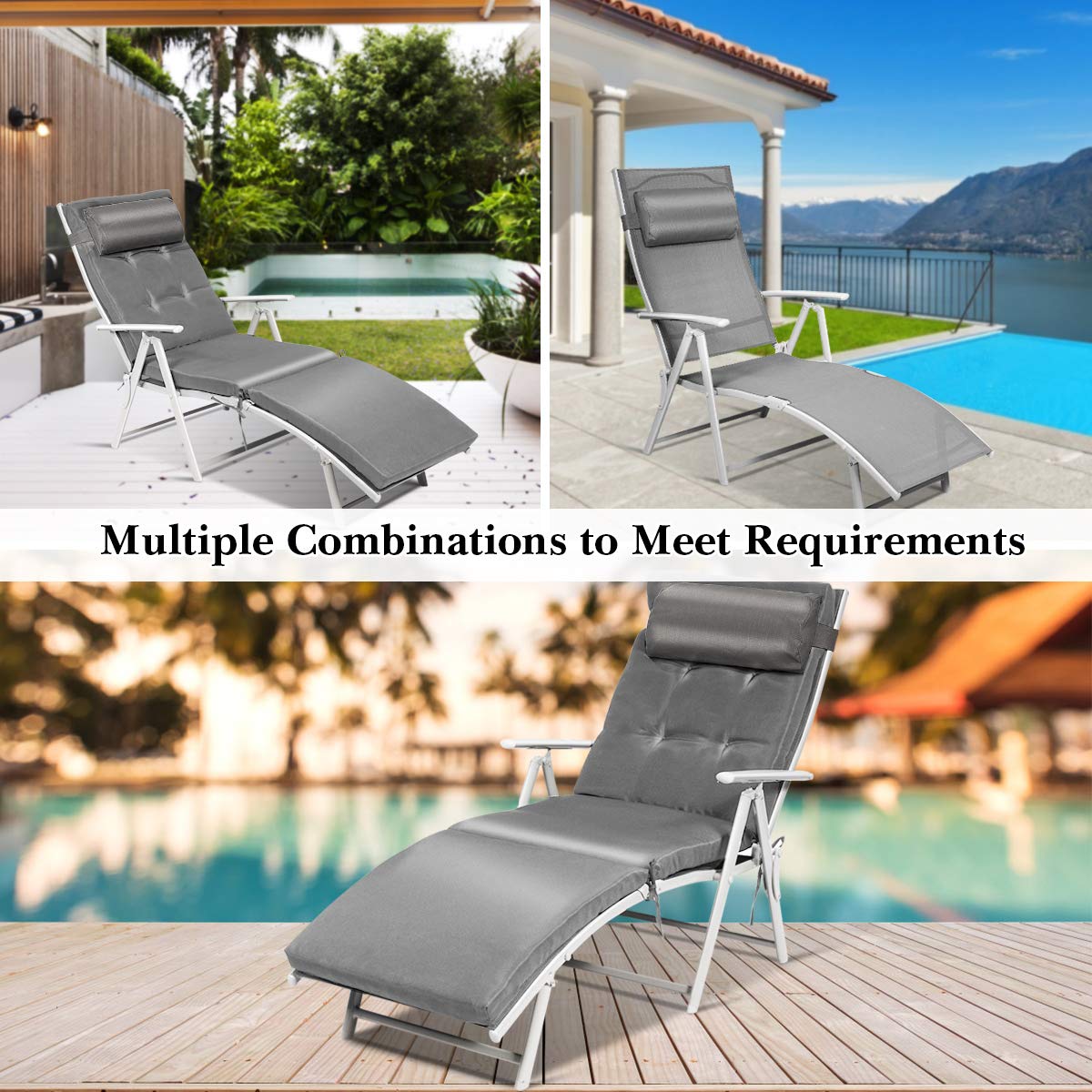 hysache Folding Lounge Chair, Patio Chaise Lounge w/Portable Design and 7 Adjustable Positions, Outdoor Lawn Chair w/Removable Cushion and Pillow for Yard, Poolside (Gray)