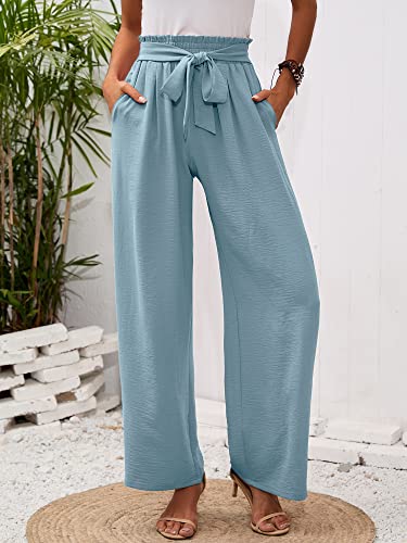 Heymoments Women's Wide Leg Lounge Pants with Pockets Blue Gray Medium Lightweight High Waisted Adjustable Tie Knot Loose Comfy Casual Trousers