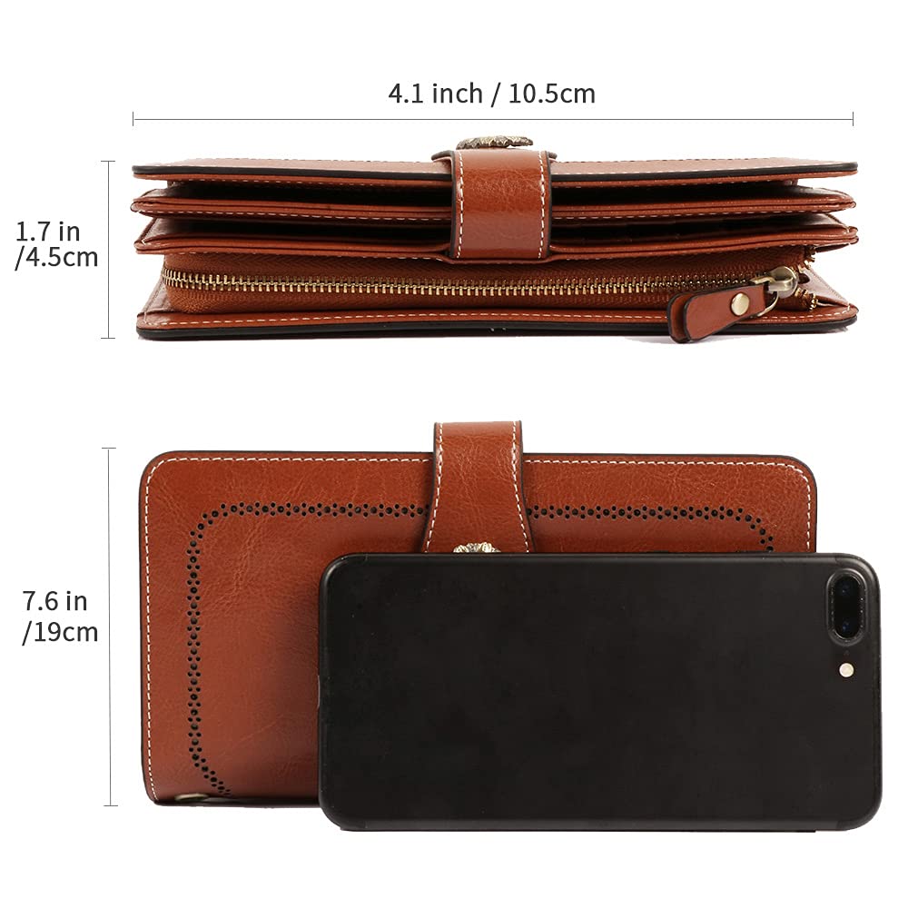 Pearl Angeli Women Wallet Genuine Leather Charming Ladies Wristlet Tri-fold Rfid Blocking Credit Card Holder Organizer Clutch(Brown)