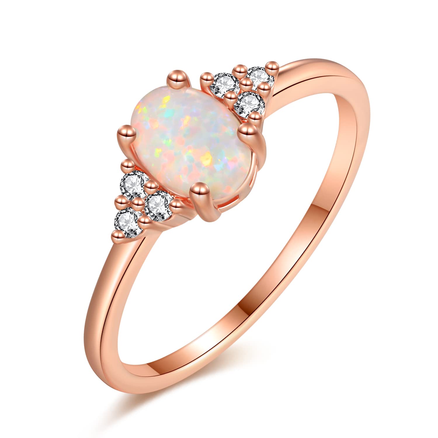 CiNily Wedding Rings for Women Eternity Band 14K Rose Gold Plated Cubic Zirconia Promise Ring Gift for Her, White Fire Opal Engagement Rings Size 6