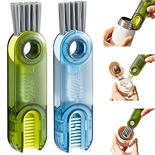 GDSAFS 3 in 1 Multifunctional Cleaning Brush, 3 in 1 Tiny Bottle Cup Lid Detail Brush Straw Cleaner Tools Multi-Functional Crevice Cleaning Brush for Deep Detail Cleaning (Blue&Green)