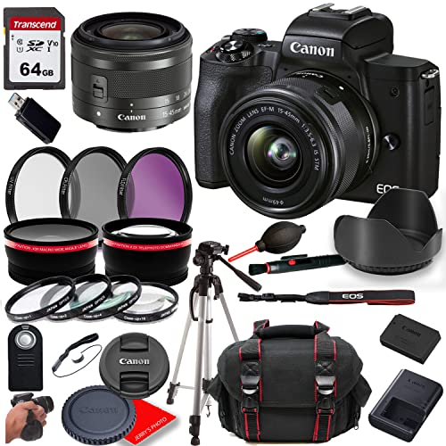 Canon EOS M50 Mark II Mirrorless Camera Canon EF-M 15-45mm f/3.5-6.3 is STM Lens + Case + 64GB Memory(26pc)
