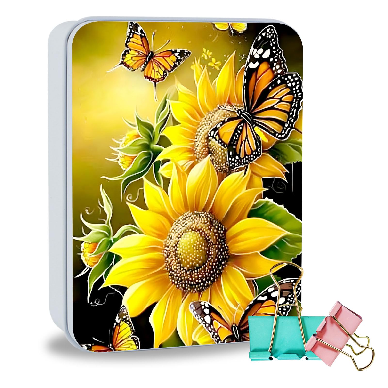 ETLKJVBL Metal Tin Box Sturdy Metal Storage Box with Lid, Sunflower Large Container Holder for TCG Cards, Car Keys, Cookies, Tin Containers for Gift, 5.0x3.7x1.6 Inch, Exquisite Pattern Design