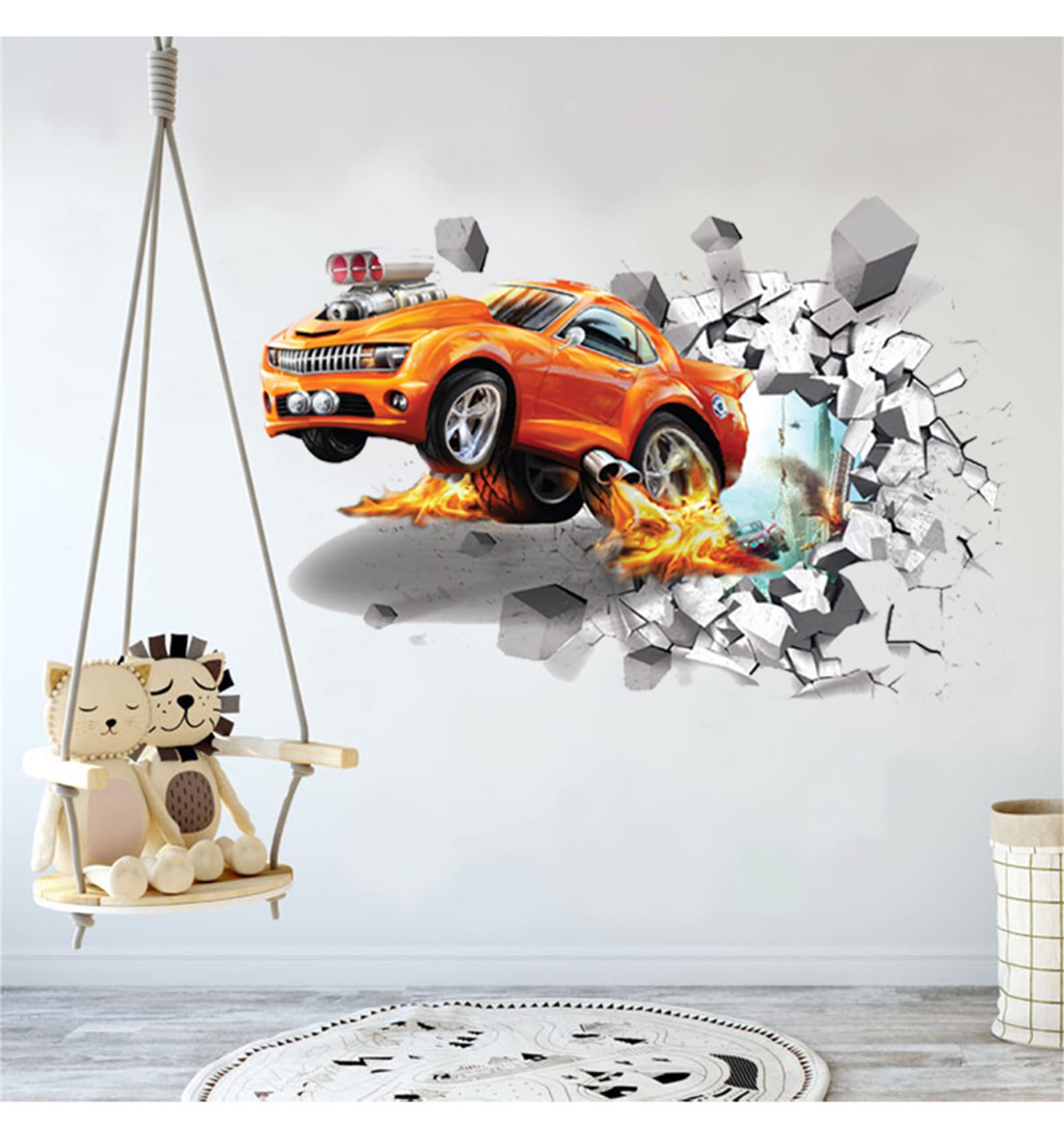 Dynamic Car Wall Stickers, Breaking Wall Creative 3D Wall Decals, Self Adhesive Removable, Art Decal Mural Wall Decor, Kids Boy Room Bedroom Playroom Wall Decoration(19.6'' × 27.5'') (car2)