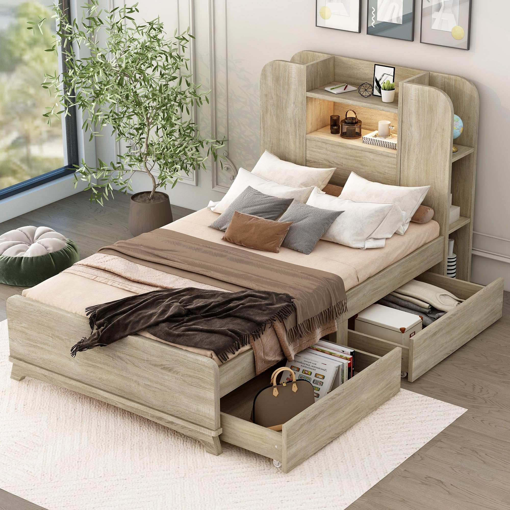 HoRunzelin Twin Size Platform Bed with Storage Bookcase Headboard,2 Drawers and LED Light,Wooden Bed Frame with Bookshelf Shelves for Kids Boys Girls, Natural