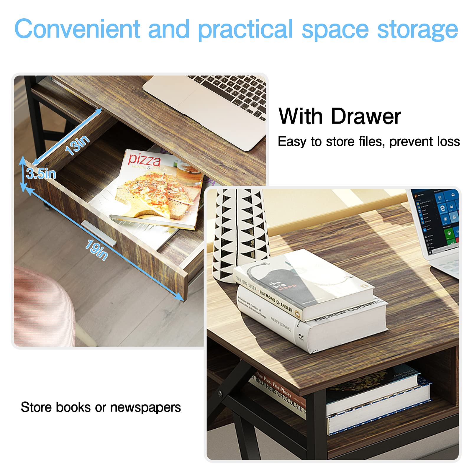 Computer Desk with Drawer DEWEL 47 inch Modern Desk Home Office Desk Gaming Executive Desk with Shelves Study Writing Desk for Small Space PC Laptop Workstation with Storage Space-Saving Easy Assembly