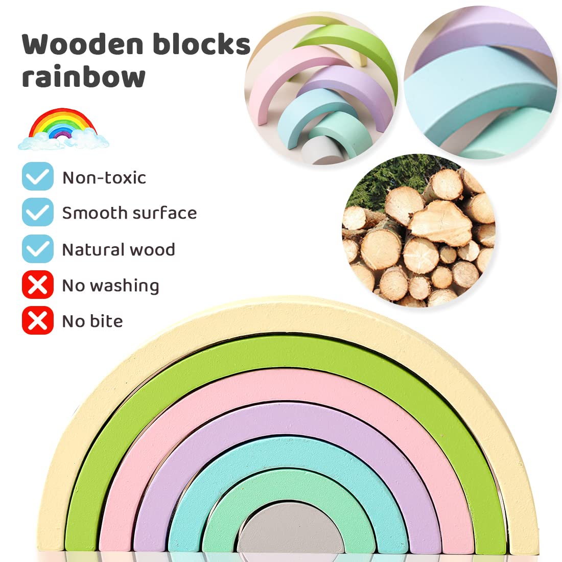 Wooden Rainbow Stacker Nesting Puzzle Blocks, 7pcs Wooden Sorting & Stacking Toys for Toddlers, Building Blocks Set Early Educational Montessori Matching Toys for Preschool Boys Girls