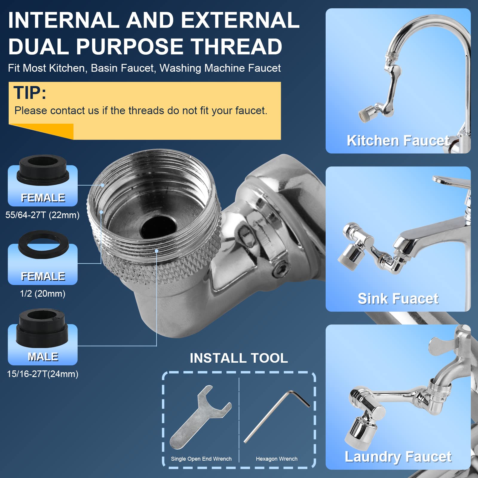 Edulnke 1080 Degree Rotating Faucet Extender,Bigger Angle 1080° Swivel Robotic Arm Extension Aerator,Multifunctional Splash Filter Extender Universal Model Kitchen/Bathroom Sink (1Pcs), Silver