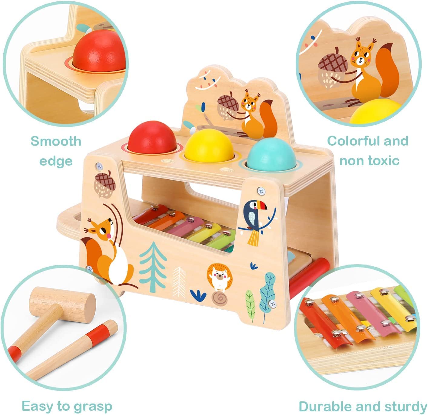 TOOKYLAND Pound a Ball Toy - 7pcs - Wooden Pounding and Hammering Bench with Xylophone; Educational Ball Drop Tap Game for Toddlers 1 Year Old +