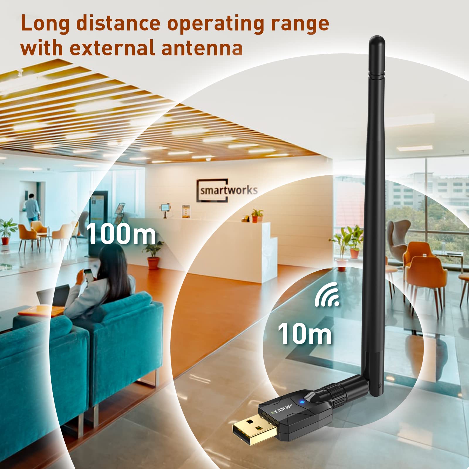 EDUP Long Range Bluetooth 5.1 Adapter for PC High Gain 492FT/150M for Desktop Laptop USB Bluetooth 5.1 Dongle EDR Wireless Receiver for Mouse, Keyboard, Speakers,Windows 11/10/8/8.1/7/XP