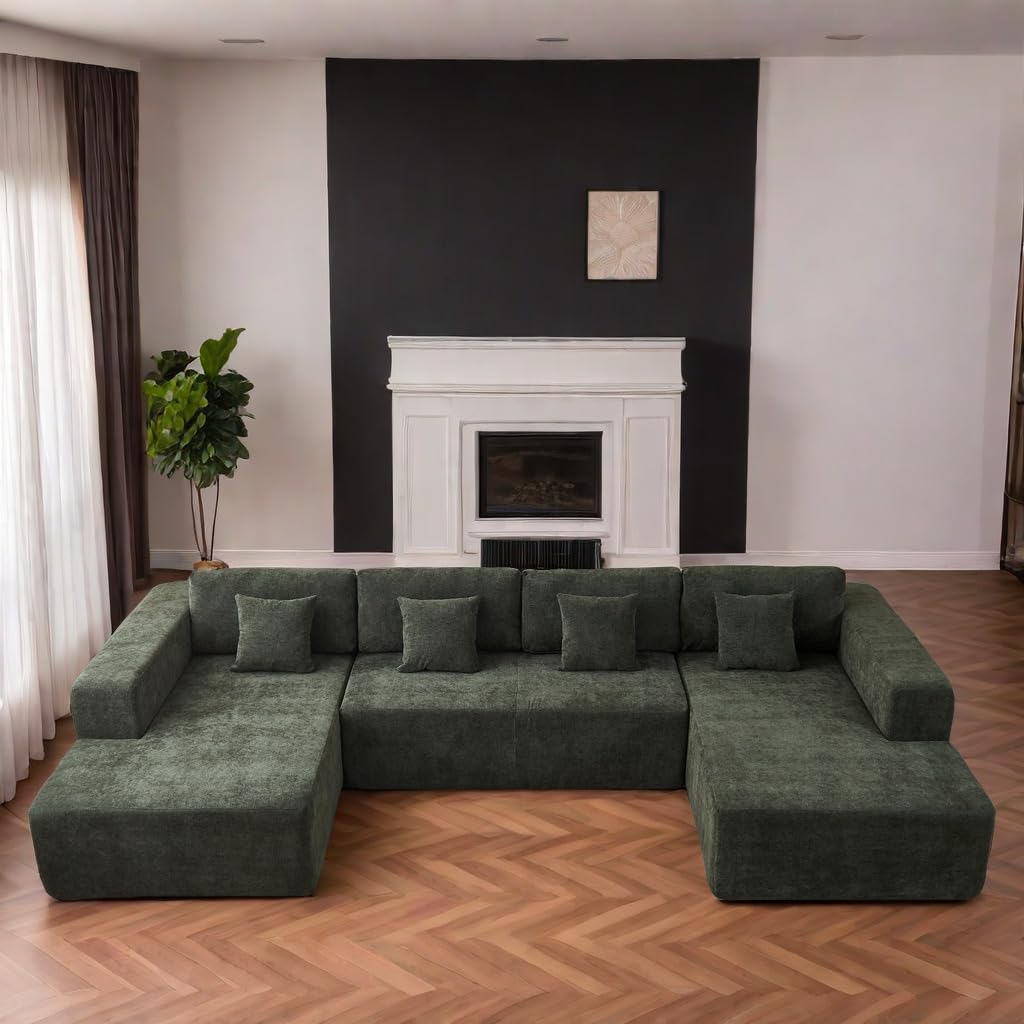ChicFurnit Couch, U-Shaped Sectional Sofa, Modular Sectional Sofa with Plush Cushions, Reversible Sofa Couch with Supportive Backrests, Sectional Couches for Living Room, Green