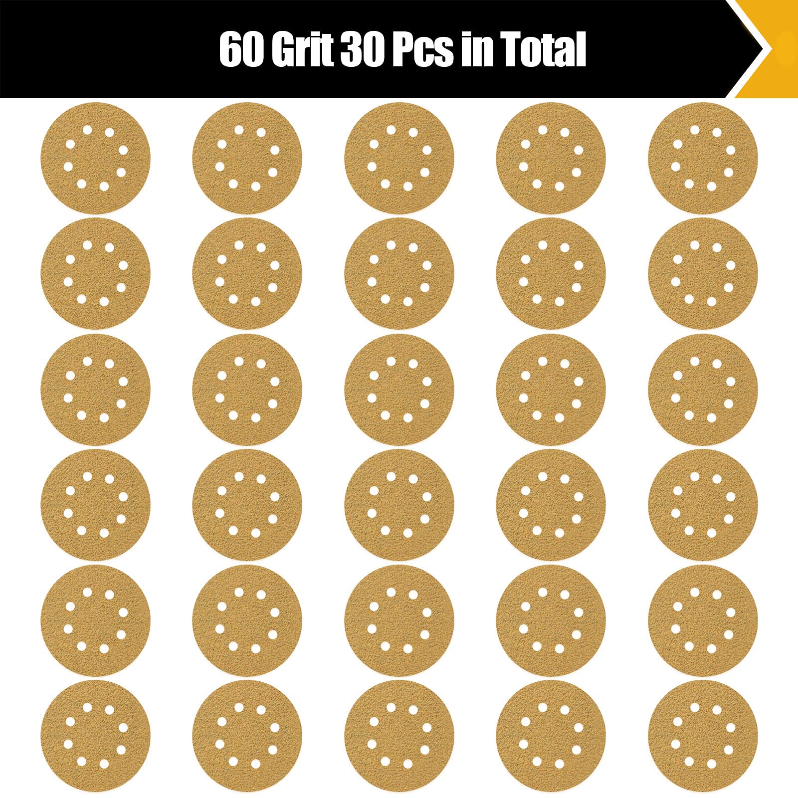 BOSHCRAFT 30 Pcs Sanding Discs, 60 Grit 5 Inch Sanding Disc 8 Holes Hook and Loop Sandpaper Orbital Sander Sandpaper for Woodworking Metalworking Random Orbital Sander Plaster Painted Surfaces Fillers