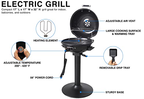 Homewell Electric BBQ Grill for Indoor & Outdoor Grilling with Warming Rack - Portable Patio Grill 1600 Watts (Black)