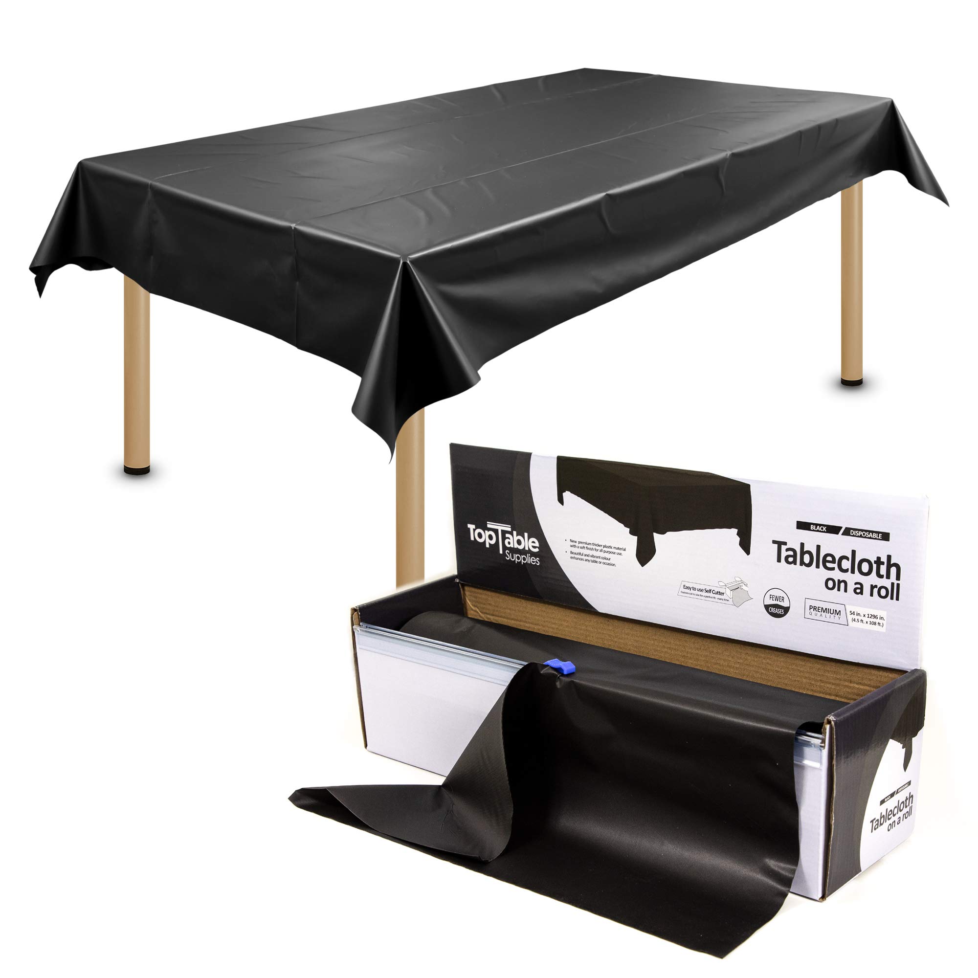 Top Table Supplies Heavy Duty Black Plastic Table Cloth Roll in A Cut-to-Size Box with Convenient Slide Cutter Premium Thicker Material | 54inch x 108ft for up to 12 x 6ft Rectangular Tables