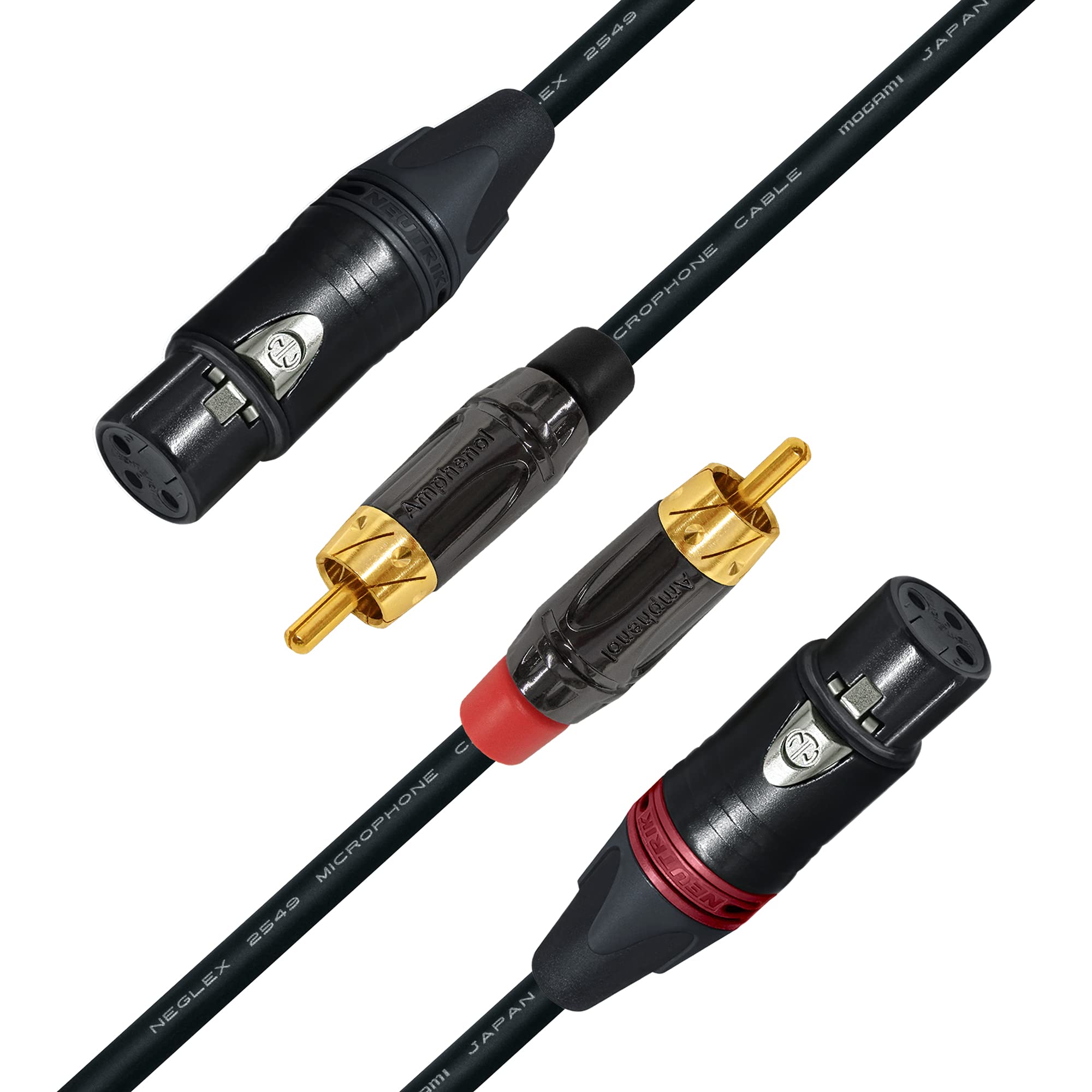 WORLDS BEST CABLES 3 Foot - RCA to XLR (Female) Cable Pair โ Mogami 2549 Audio Interconnect Cable & Amphenol ACPL RCA & Neutrik Female XLR Gold Plugs - Custom Made