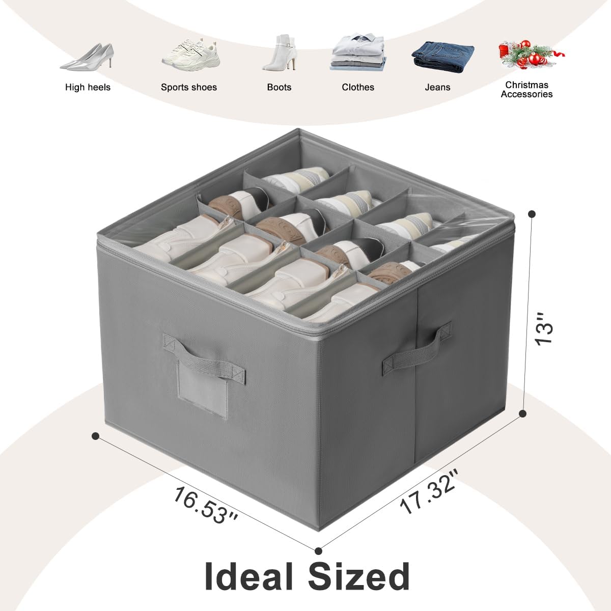 DIMJ Shoes Organizer for Closet - 24 Pairs Shoe Storage Box Foldable Shoe Organizer w/Bottom Support and Clear Cover, Shoe Boxes Space Saver Fits for Boots Heels Sneakers Sandal Grey, 2 Pack