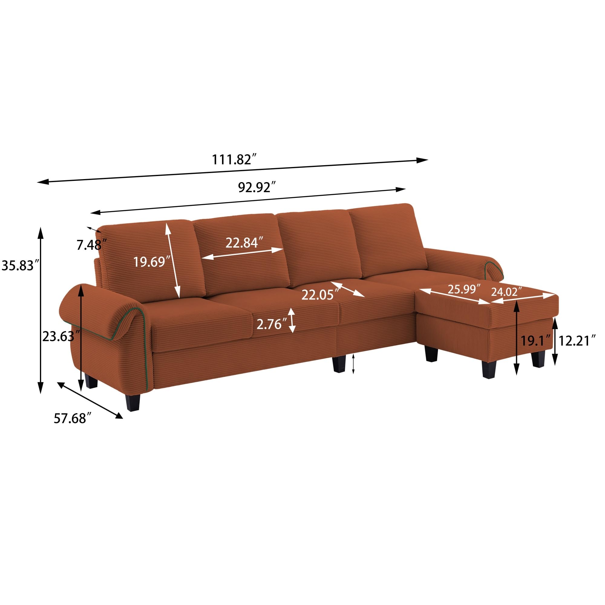 Enobala 112" Conventible Sectional Sofa, 4 Seat L Shaped Lounge Sofa Couch Set for Living Room, Orange