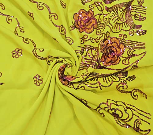 Peegli Vintage Indian Green Georgette Art Décor DIY Fabric Traditional Sequins Work Textile