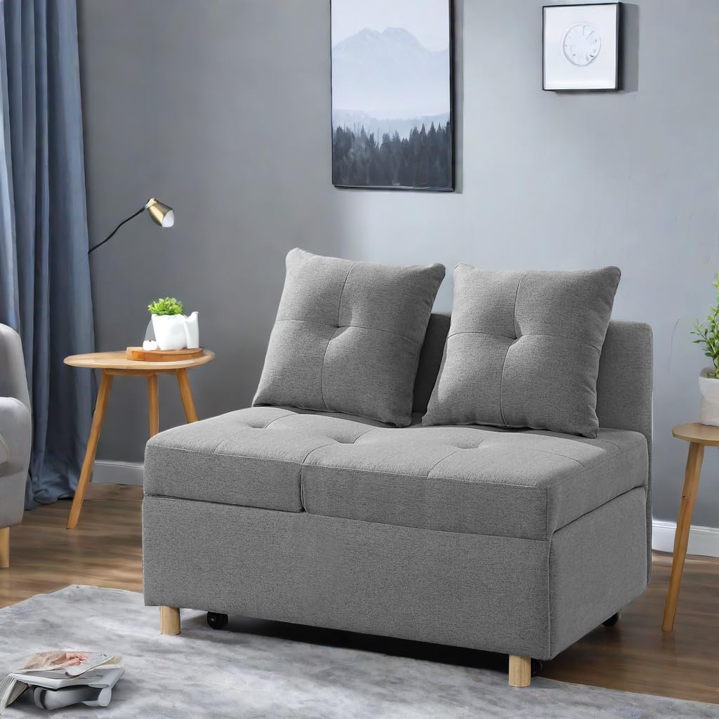 ChicFurnit Couch, 3-in-1 Convertible Sofa Bed, Linen Single Extendable Sofa with Adjustable Back, Futon Chair with 1 Lumbar Pillow, Futon Sofa Bed with 4 Small Wheels for Living Room, Dark Gray