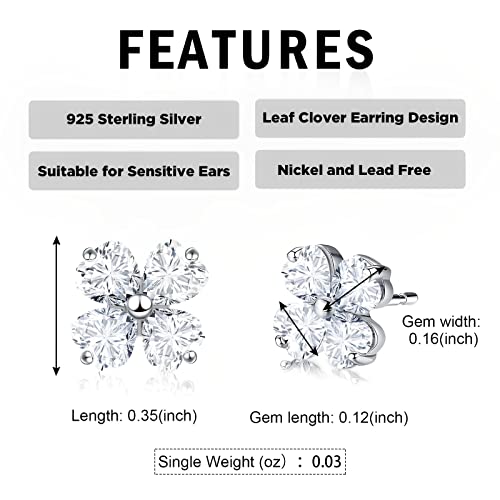 Cubic Zirconia Stud Earrings 925 Sterling Silver 4 Leaf Clover Cute Flower Earrings for Women and Girl