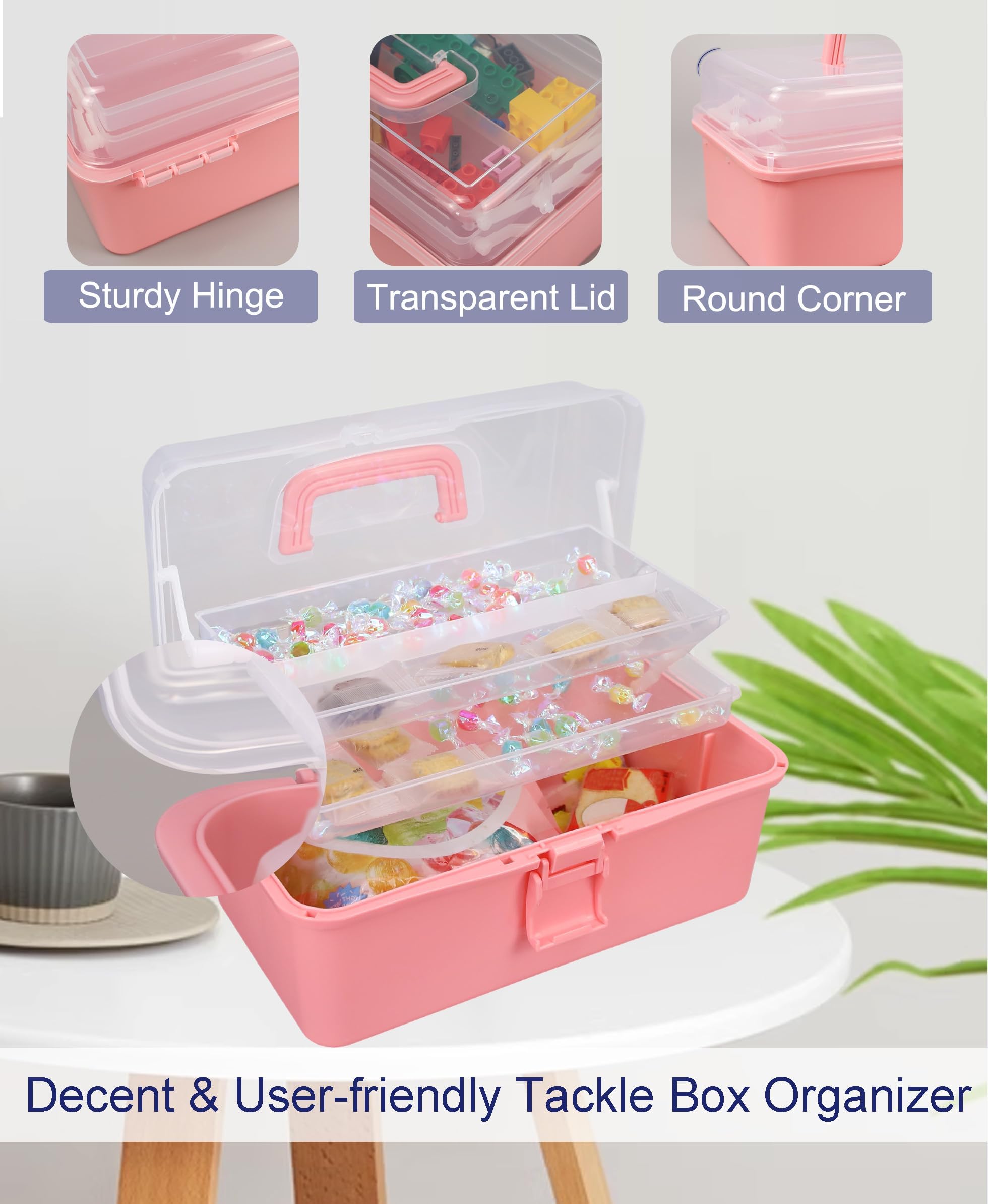 Eujqo Tackle Box Organizer Pink Craft Storage Organizers 3-layer Craft Box Medicine Box Sewing Box Hair Accessories Organizer for Girls Jewelry Box Makeup Organizer Small Plastic Tool Box with Handle