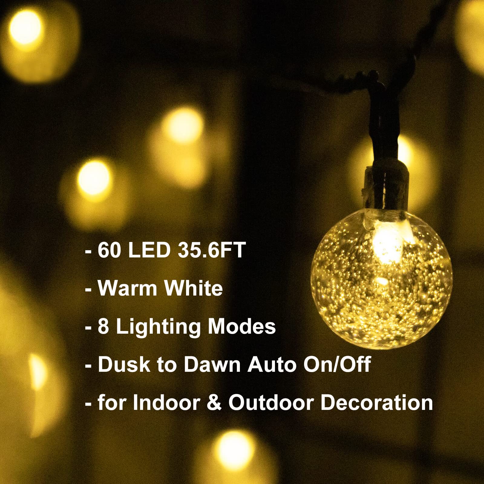 Solar Outdoor String Lights 60 LED Waterproof Solar Powered Patio Lights with 8 Lighting Modes, Crystal Globe Lights for Outside Garden Porch Balcony Yard Wedding Party Decor, 35.6FT, Warm White
