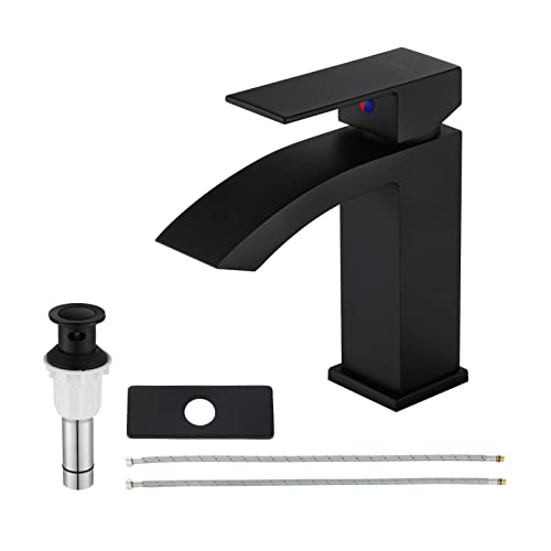 EZANDA Brass Waterfall Bathroom Faucet with Extra Large Rectangular Spout, Deck Plate, Pop-up Drain Assembly & Water Supply Hoses Included, Matte Black, 14254