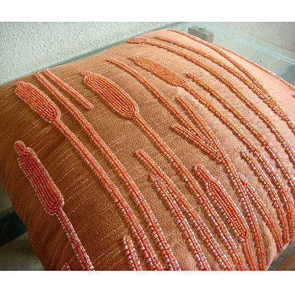 The HomeCentric Cushion Covers, Rust Throw Pillows Cover, Beaded Farm Design Pillows Cover, 18x18 inch (45x45 cm) Pillows Cover, Square Silk Pillow Covers, Floral Contemporary - Rusted Beauty