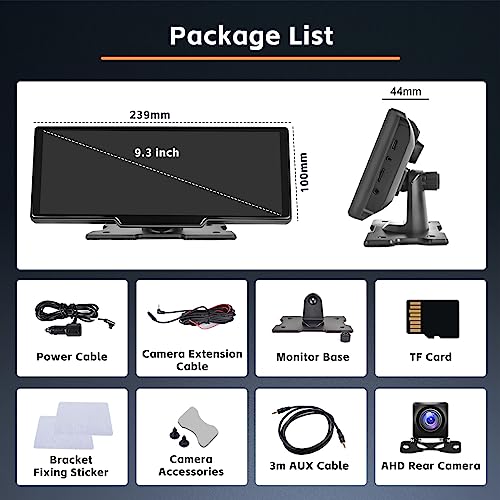 Hikity Portable Wireless Apple Carplay Car Stereo with Dash Cam - 9.3 Inch IPS Touchscreen, Wireless Android Auto, Loop Recording, Backup Camera, Bluetooth Car Audio Receivers