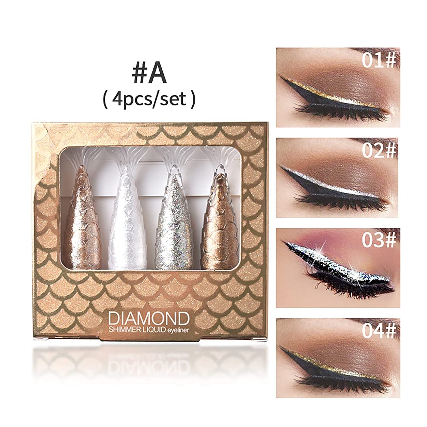 Go Ho 4 Colors Liquid Glitter Eyeliner,Shiny White Eyeliner,Metallic Shimmer Sliver Eyeshadow liner,High Pigment Colored Eyeliner Sticker Long Lasting Sparkling Eyeliner Makeup(Style A)
