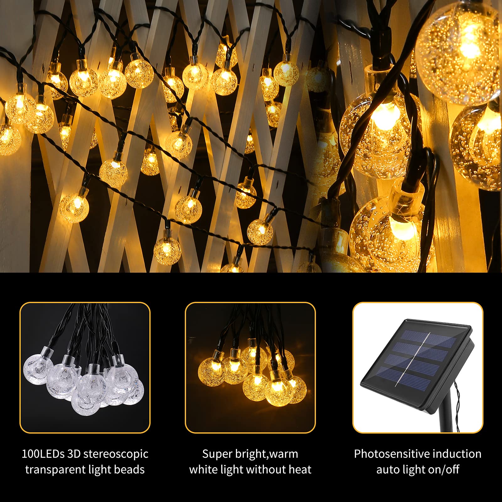 Solar powered Outdoor String Lights Globe – Waterproof Crystal Ball solar String Lights 8 Modes with 100LED 39FT – Good Ideal for Garden Yard Home Party Wedding Christmas Decoration (Warm White)