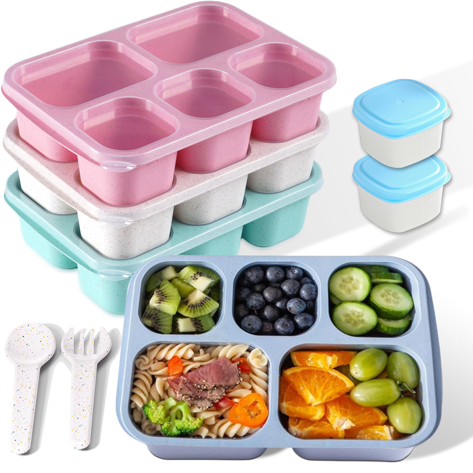 ENESNES 4 Pack Lunchable Snack Containers for Kids & Adults, Reusable 5 Compartment Lunch Containers for Kids, Perfect for School,Work & Travel,Wheat Straw Material,4 Colors