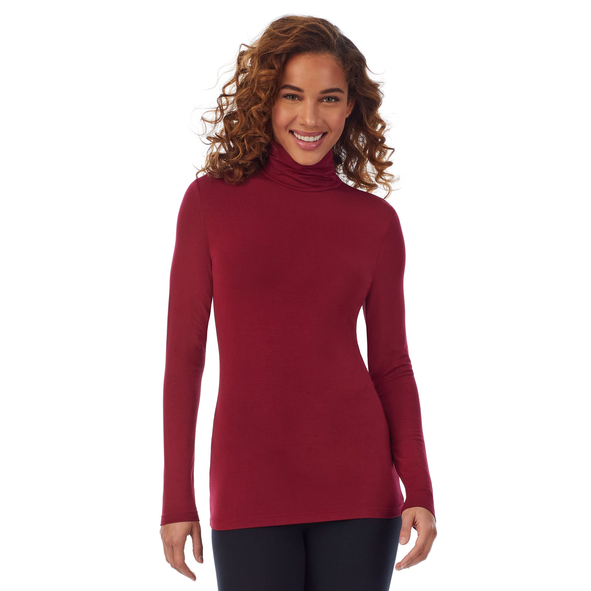 Cuddl Duds Women's Softwear with Stretch Long Sleeve Turtle Neck Top – Ideal for Layering & Lounging, Smooth & Body-Hugging Fit, Rhubarb Red, Large