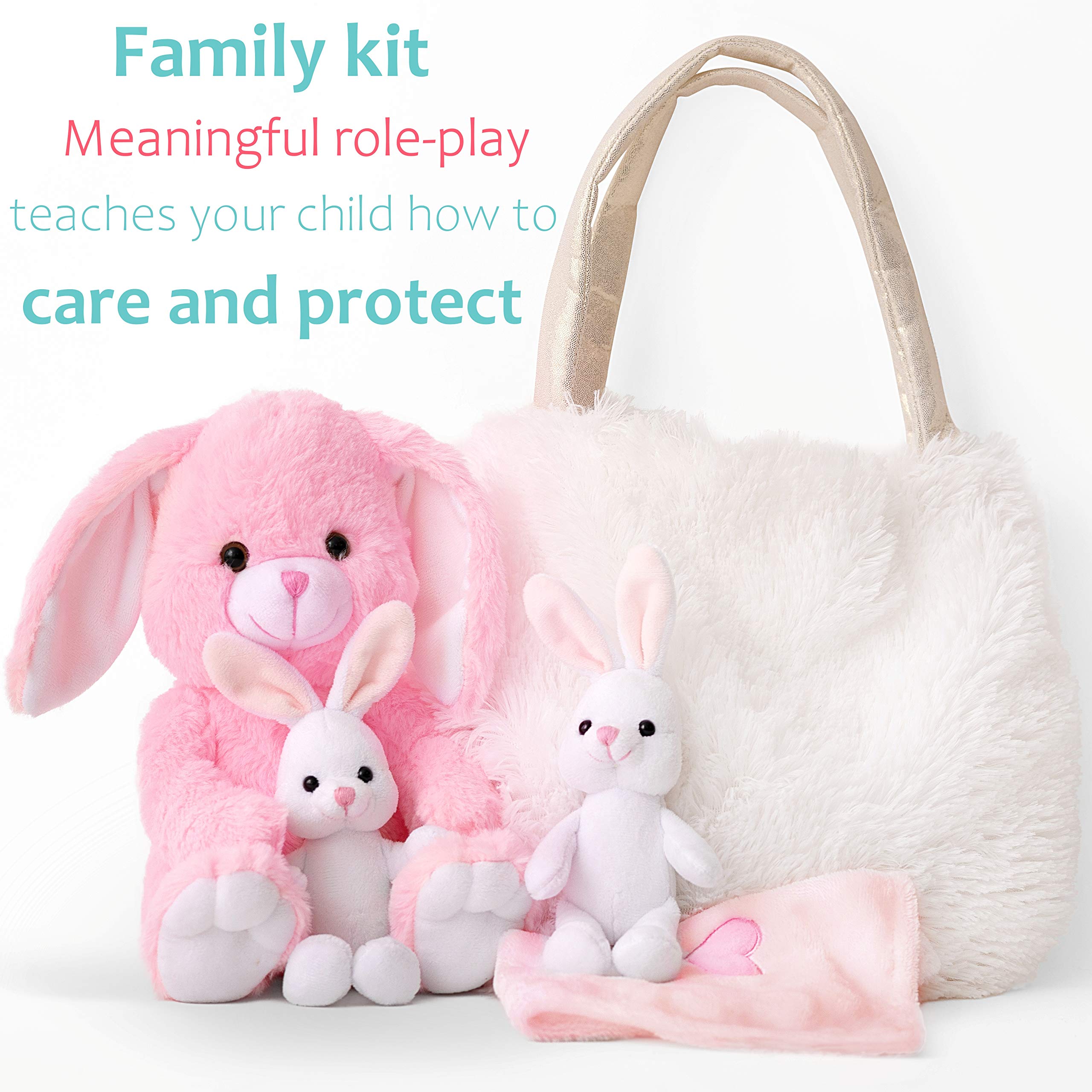 Perfectto Design Bunny Toy, 4 Pcs Set. Mommy, 2 Baby Rabbit Toys, XL Furry Bag and Doll Blanket. Age 3-8