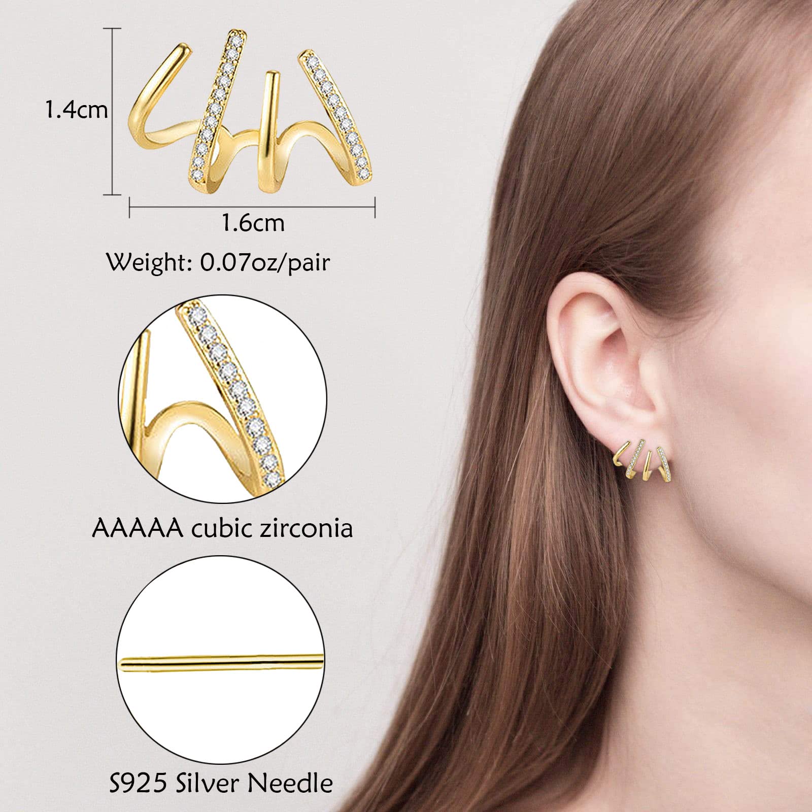 Claw Cuff Earring for Women, Zircon Needle Ear Cuffs Stud Earrings Minimalist Ear Wrap Piercing Earrings for Girls (2 Pcs Gold+2 Pcs Silver)