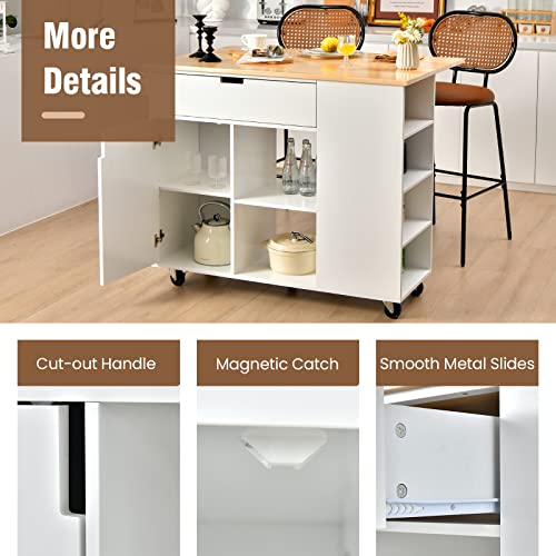 Giantex Kitchen Island Cart Drop-Leaf Countertop, Rubber Wood Breakfast Dining Table w/Large Drawer, Storage Shelves, 4-Tier Spice Rack, Rolling Serving Cart on 5 Wheels for Home Coffee Bar (White)