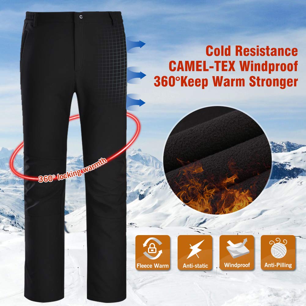 CAMEL CROWN Men’s Waterproof Hiking Pants Ski Fleece Lined Insulated Warm Soft Shell Pants Black