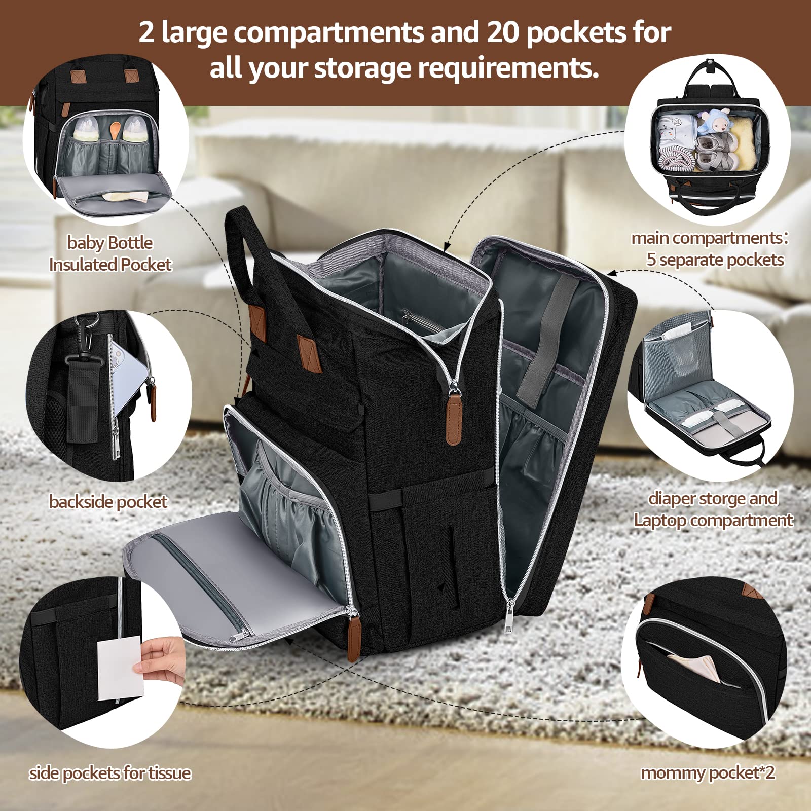 DERSTUEWE Diaper Bag Backpack，Baby Diaper Bags Multi functional Trave diaper backpack Large Capacity, (B. Black)