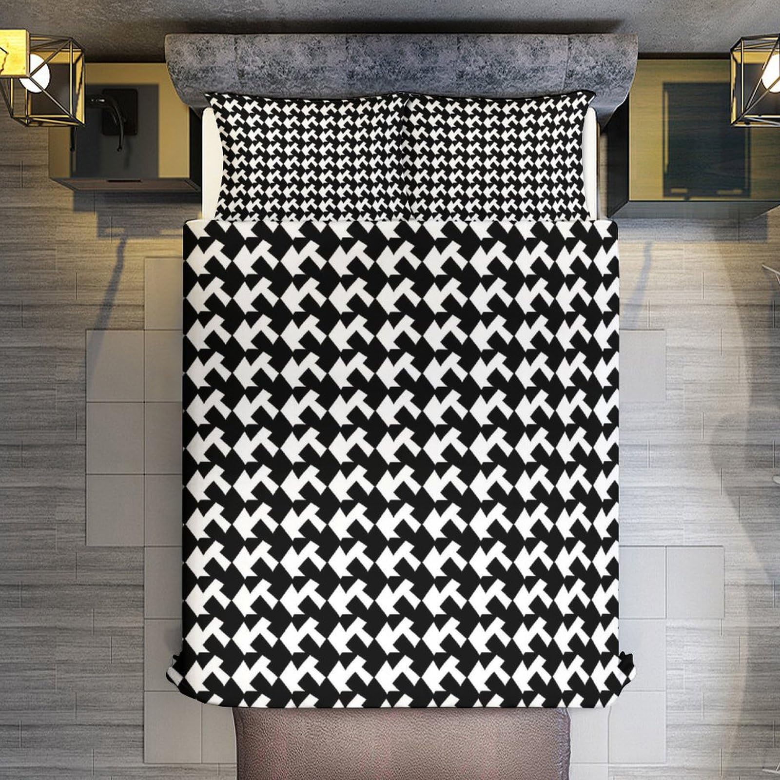 HotcoS Houndstooth Black Comforter Set Queen 3 Pieces Bedding Set Lightweight Soft Bedding Comforter Sets for All Season with 1 Duvet Cover 90""x90"" 2 Pillow Shams 30'' X 20'', Style