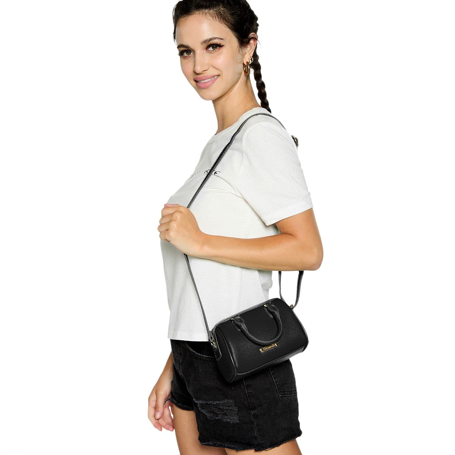 Like Dreams Women's Everyday Fashionable Micro Mini Barrel Vegan Leather Crossbody Handbag (Black)
