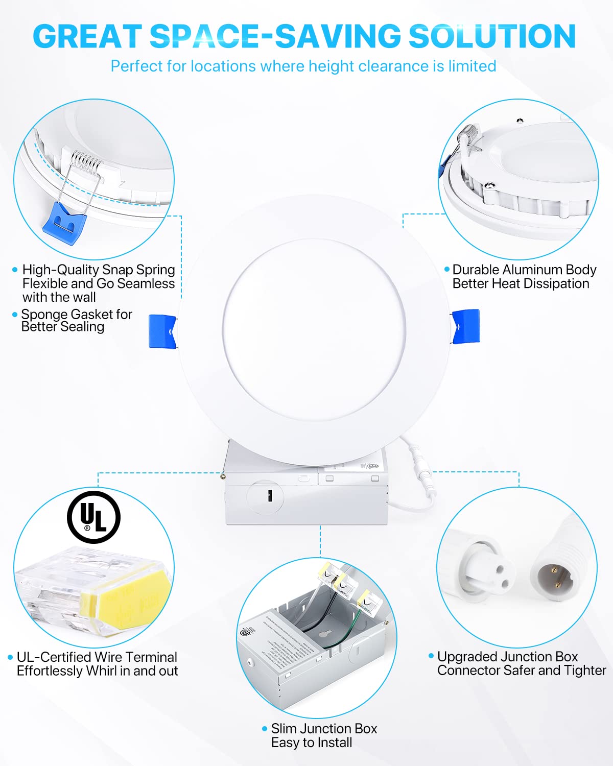 Ensenior 6 Pack 6 Inch Dimmable Can-Killer Downlight, Ultra-Thin LED Recessed Ceiling Light with Junction Box, 3000K Warm White, 12W 110W Eqv, 1050LM High Brightness - ETL and Energy Star Certified