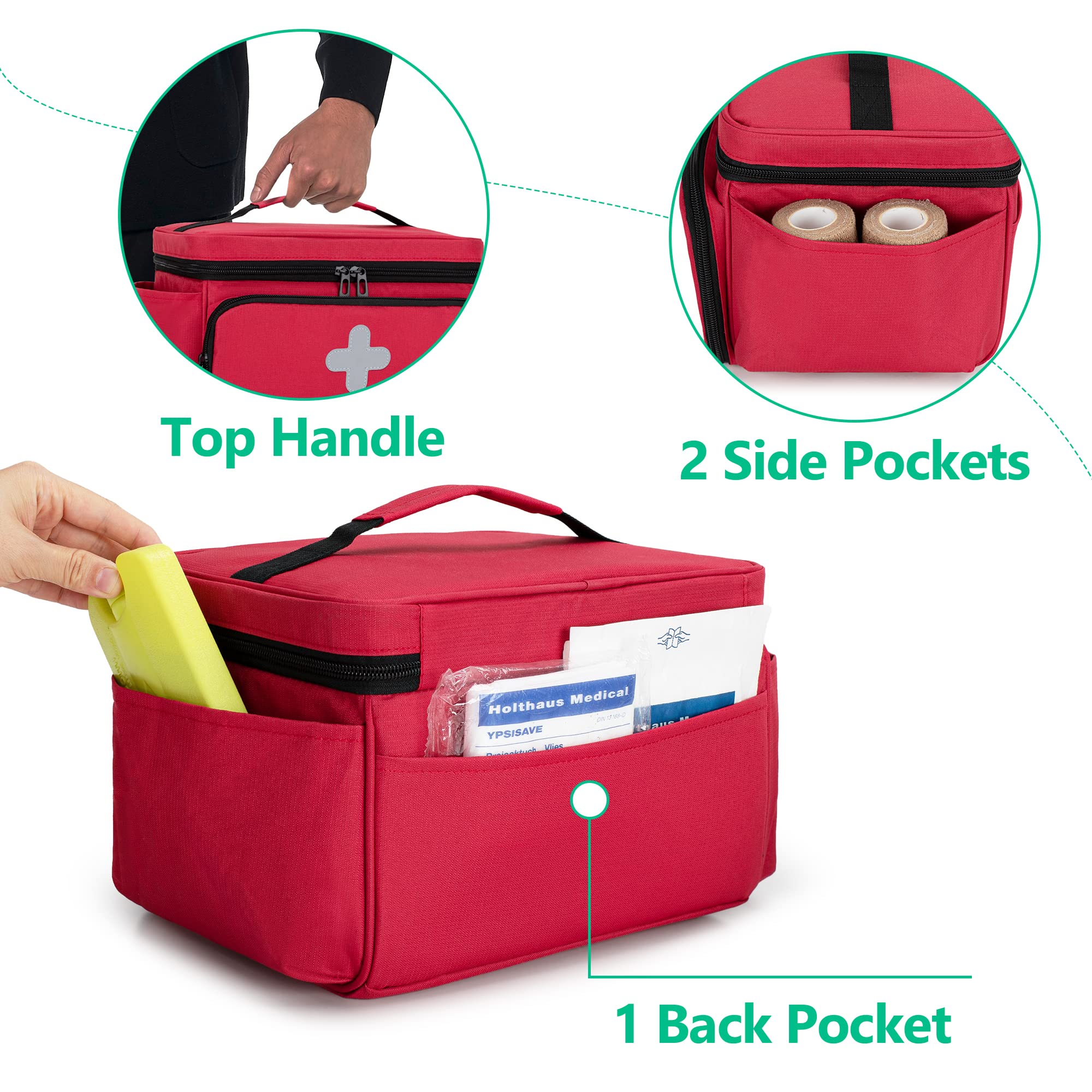 CURMIO Small Medicine Storage Bag Empty, Family First Aid Box, Pill Bottle Organizer for Emergency Medical Supplies, Red (Bag Only, Patent Pending)