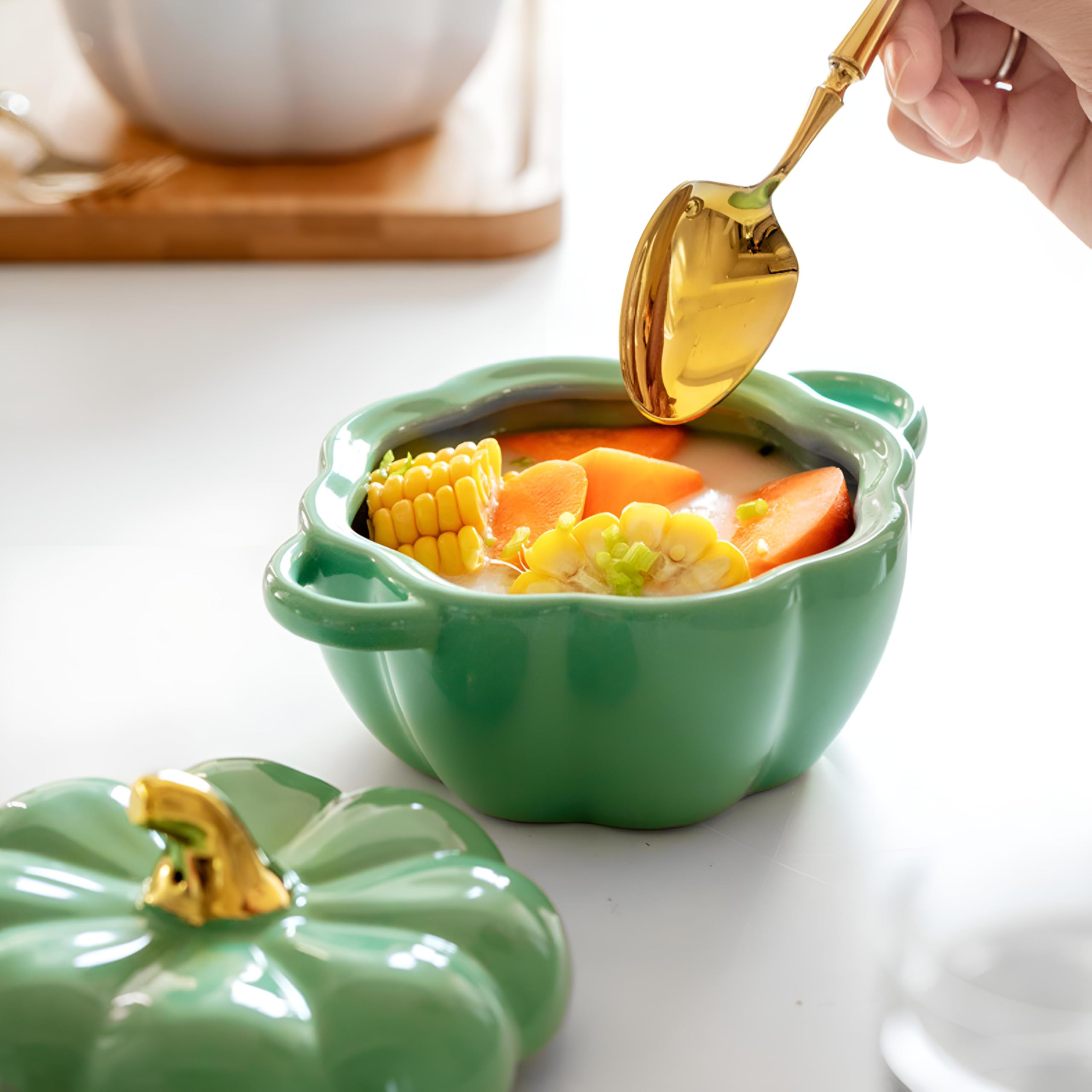 Drieamboat Pumpkin Bowl with Lid and Handle, 14 Oz Ceramic Ramekins for Baking, Mini Baking Dish Cute Pumpkin Bowl Casserole Dish Individual Severing Pot, Stoneware, Oven Safe (White)
