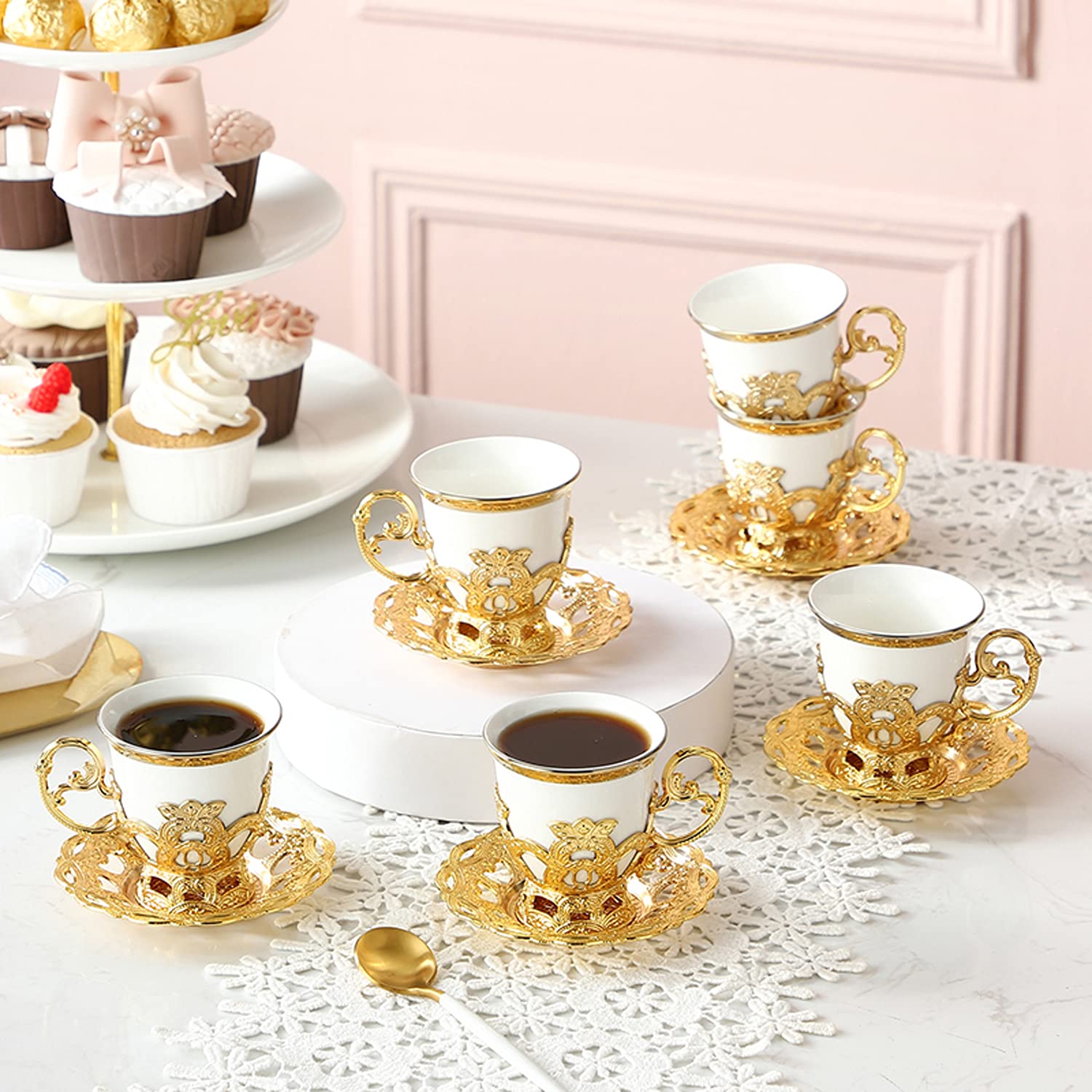 CMDHY Espresso Turkish Coffee Cups and Saucers for Women Tea Cups Set of 6 with Gift Box 2.8 Ounces (White-Golden)
