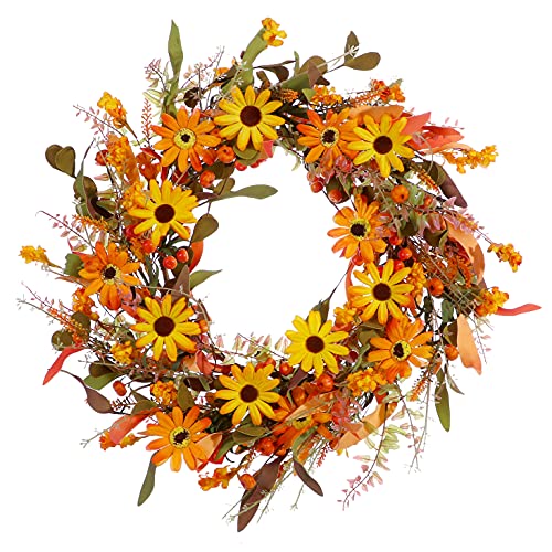 Fall Front Door Wreath,20” Artificial Floral Wreath with Orange Daisies and Foliage,Autumn Wreath with Small Pumpkin and Berry for Home Wall Window and Thanksgiving Decor-Beautiful Gift Box Included
