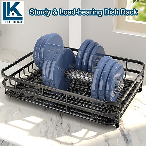 LKKL Dish Drying Rack, Large Capacity Dish Rack for Kitchen Counter, Extendable Dish Rack, Anti-Rust Stainless Steel Dish Drainer with Utensil Holder Cups Holder, Black