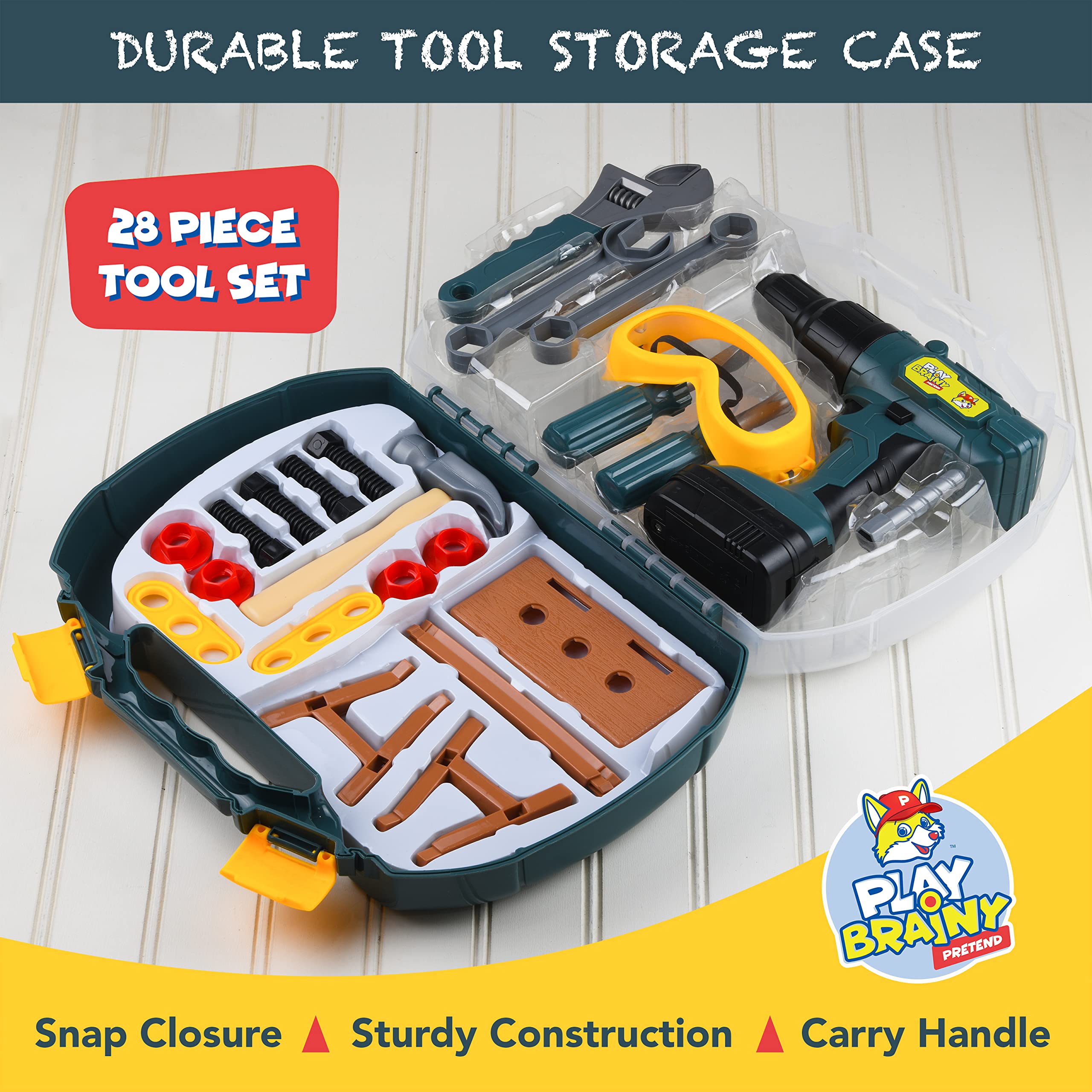 Play Brainy Pretend Kids Tool Kit with Toolbox, Heavy-Duty Plastic Electric Drill, Wrenches, Hammer, Screws, and Faux Wood Toys, Educational Early Learning Building and Construction (23 Pcs)