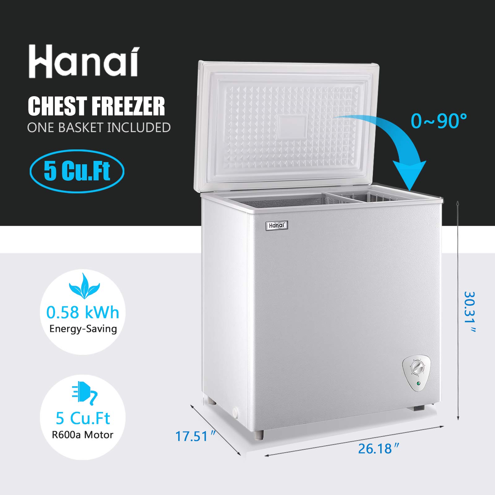 Chest Freezer 5.0 Cu.Ft Black Compact Freezer, Manual Defrost Deep Freezer with Storage Basket, Space-Saving Flat Back, Stay-Open Lid, Side-Access Drain for Home Basement Cottage Business