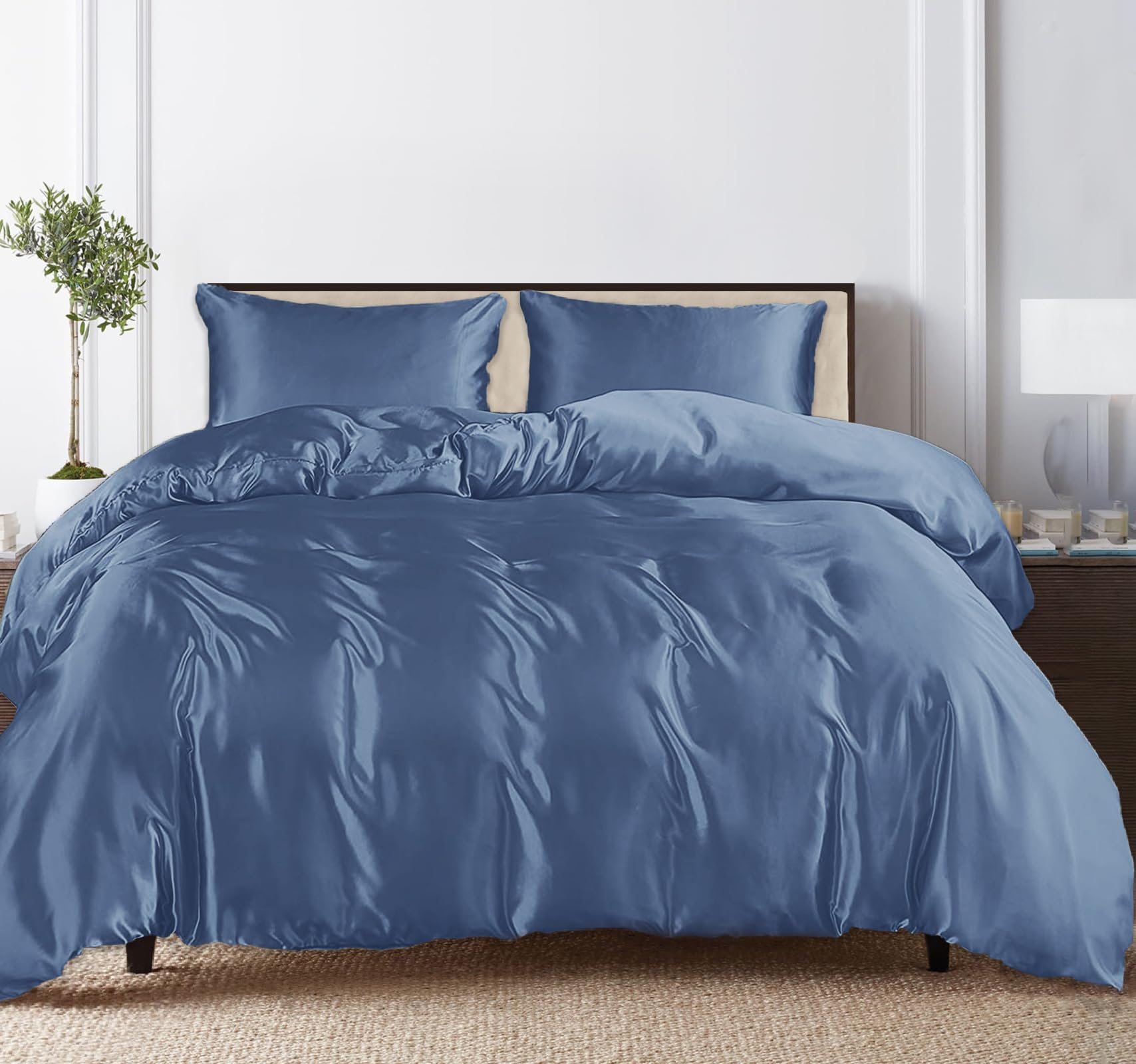 Linenwalas Tencel Lyocell Duvet Cover Set with Deep Pocket Fitted Sheet, Viscose Made from Eucalyptus Soft, Lightweight and Breathable Complete Bedding Set (Bahamas Blue, King)