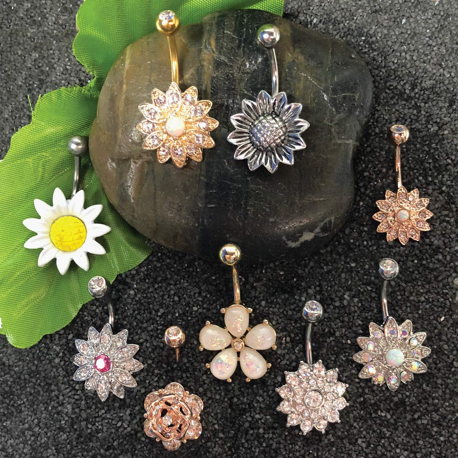 BodyJ4You Belly Button Ring Flower White Created-Opal Stone 14G Navel Banana Rose Goldtone Steel Bar